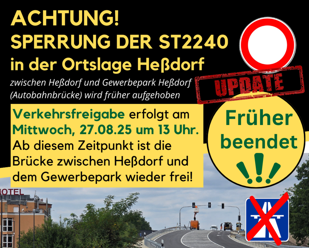 [Update 27.08. Sperrung AUFGEHOBEN] Vollsperrung der Staatstraße 2240 in Heßdorf vom 21.07. - 15 ...